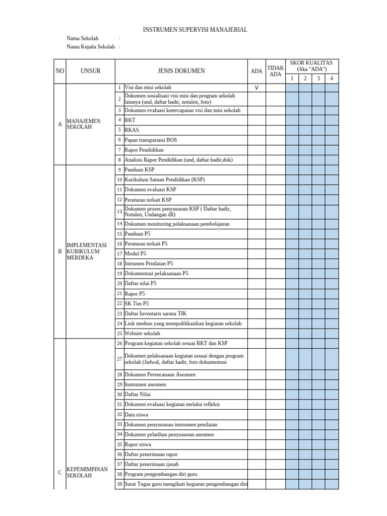 Instrumen Supervisi Manajerial Sekolah | PDF
