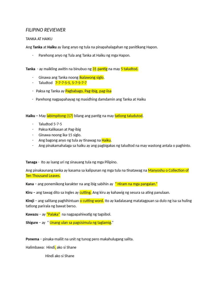 Filipino Reviewer | PDF
