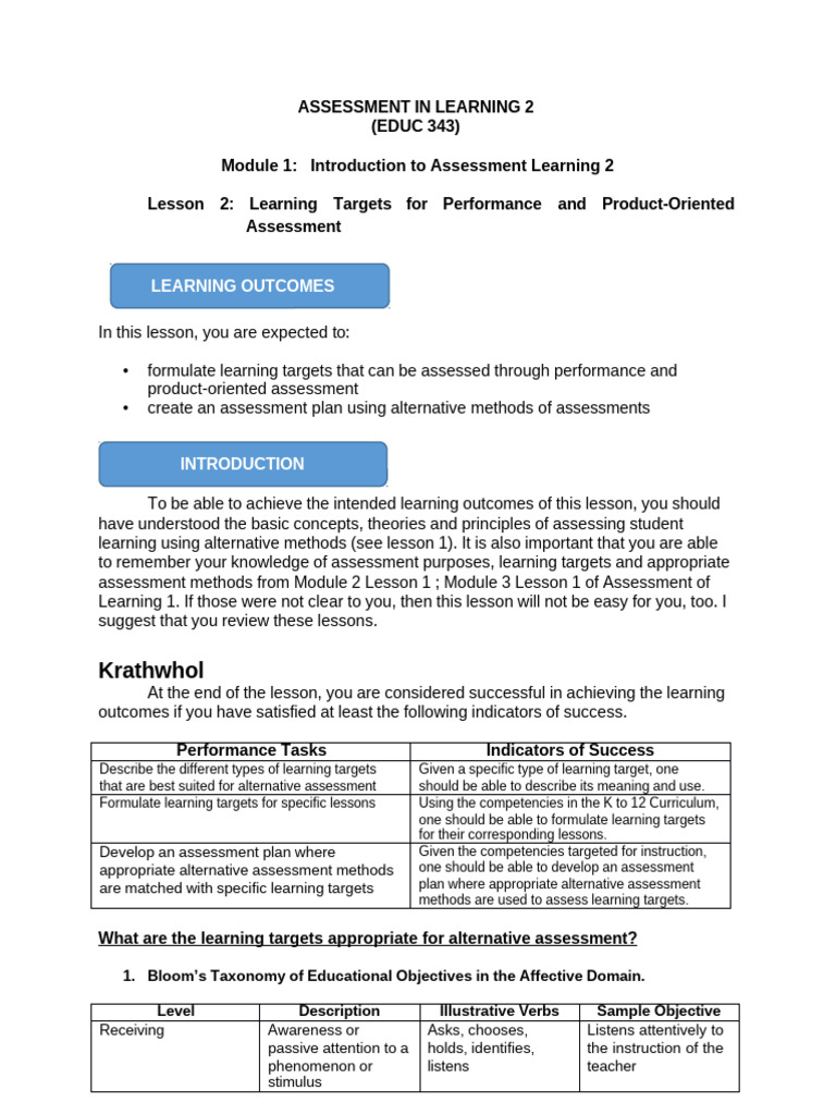 Learning Targets for Alternative Assessment | PDF | Statistics | Learning
