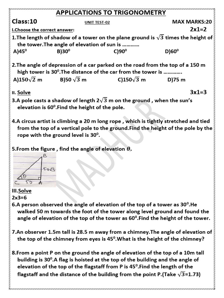 Trigonometry Unit Test for Class 10 | PDF