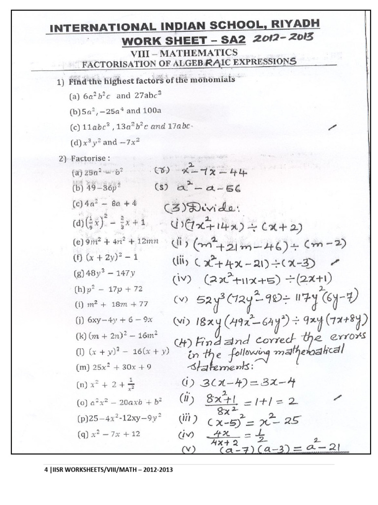 CBSE Class 8 Factorisation Worksheet (2) | PDF