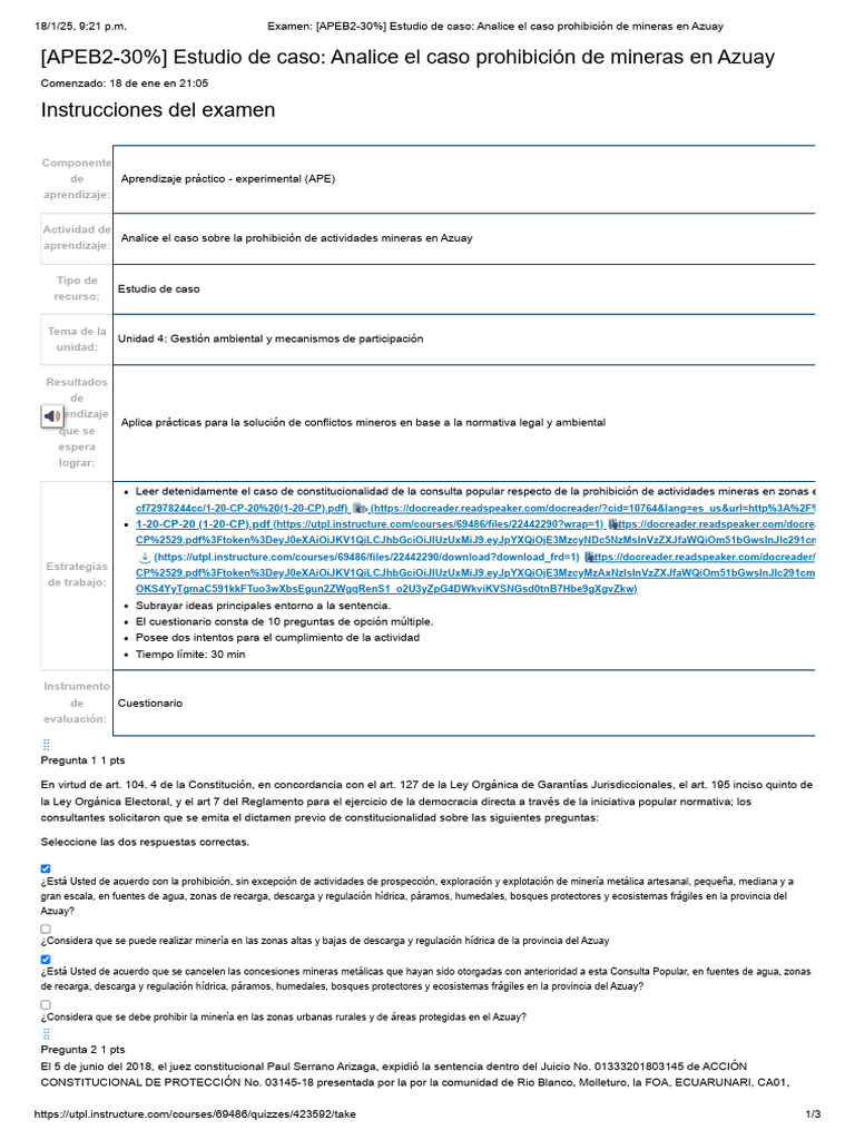 Examen - (APEB2-30%) Estudio de Caso - Analice El Caso Prohibición de Mineras en Azuay | PDF ...
