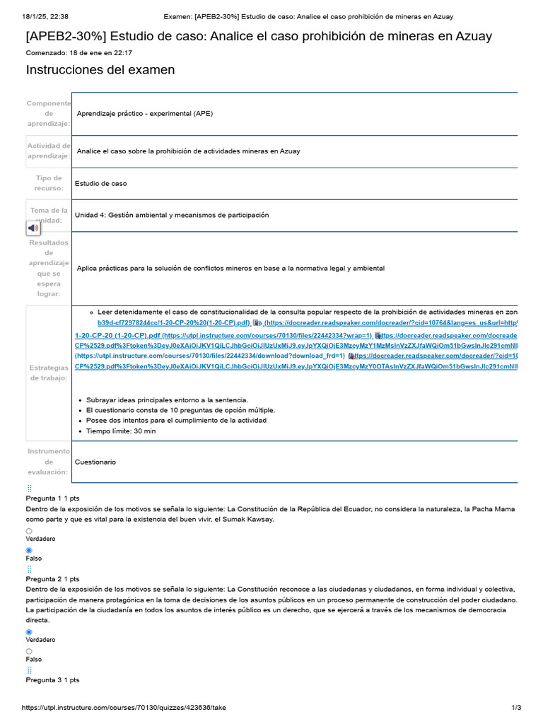 Examen - (APEB2-30%) Estudio de Caso - Analice El Caso Prohibición de Mineras en Azuay | PDF ...