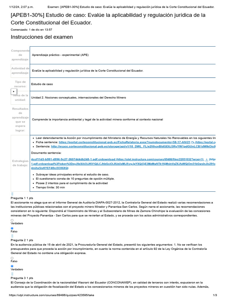 Examen - (APEB1-30%) Estudio de Caso - Evalúe La Aplicabilidad y Regulación Jurídica de La Corte ...