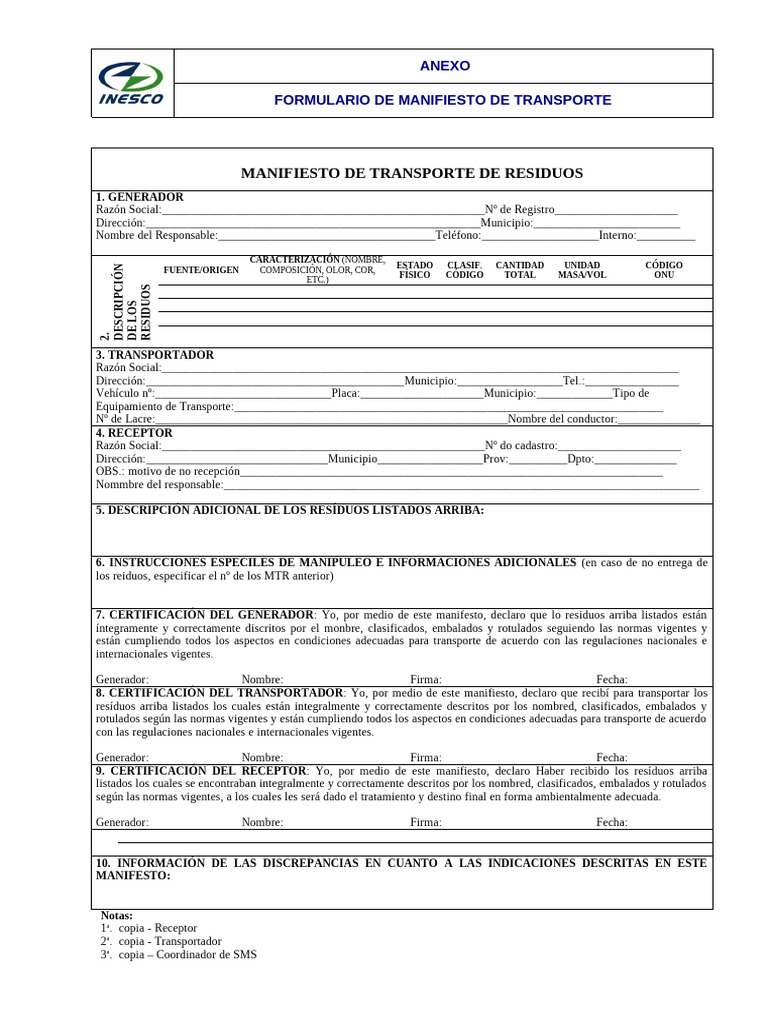 Anexo 1 - Manifiesto de Transporte de Residuos | PDF