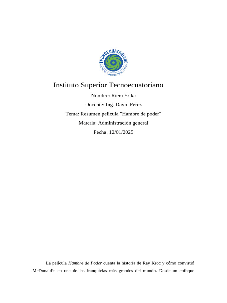 Resumen de La Pelicula Hambre Del Poder | PDF | Mc Donald's | Calidad ...