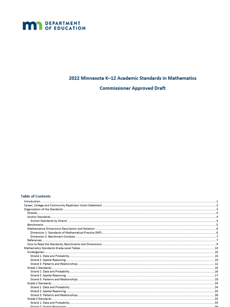 2022 Minnesota K-12 Academic Standards in Math Commissioner Approved ...