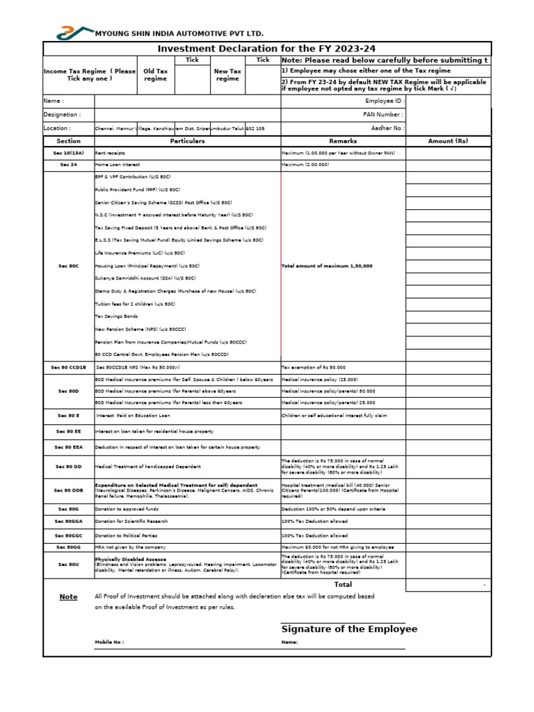 IT Declaration Form FY 2023-24 | PDF | Financial Services | Personal ...
