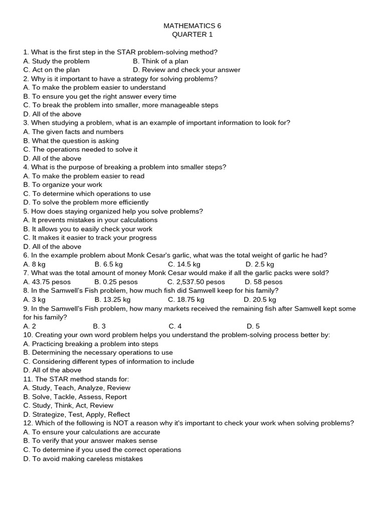 6th Grade Math Problem-Solving Guide | PDF | Multiple Choice | Learning