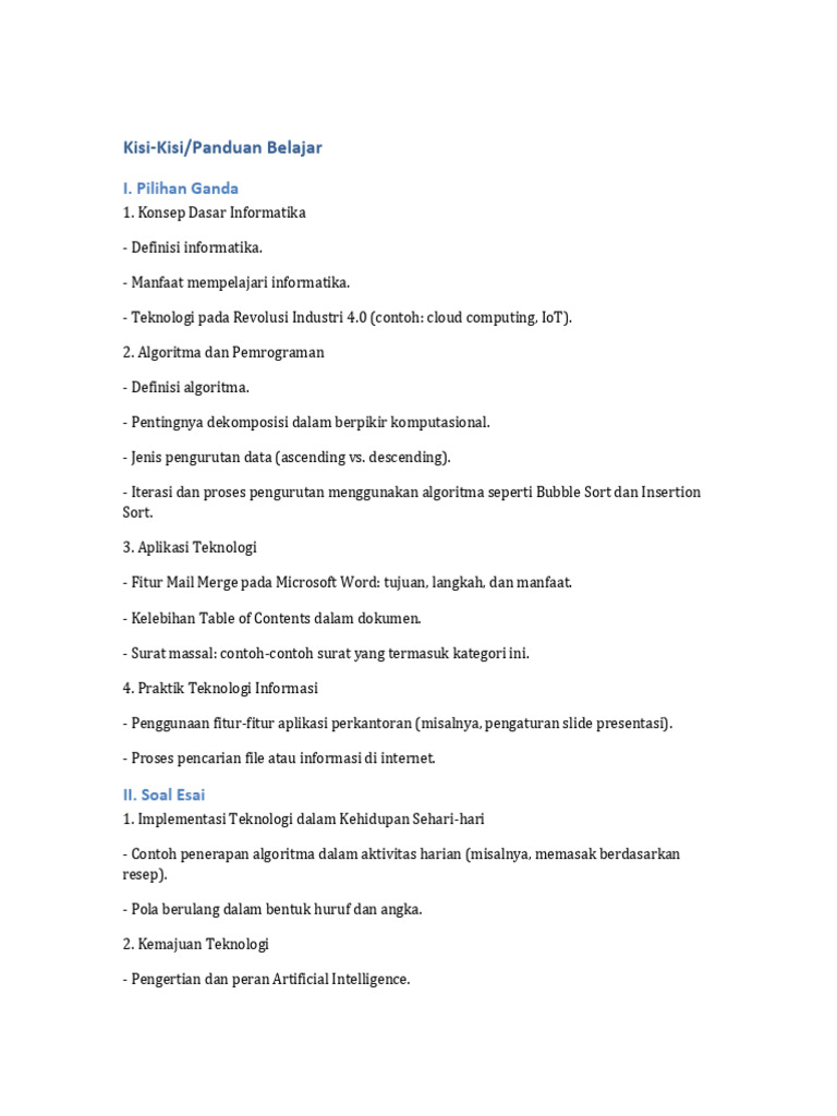 Kisi-Kisi Informatika Kelas 10 | PDF