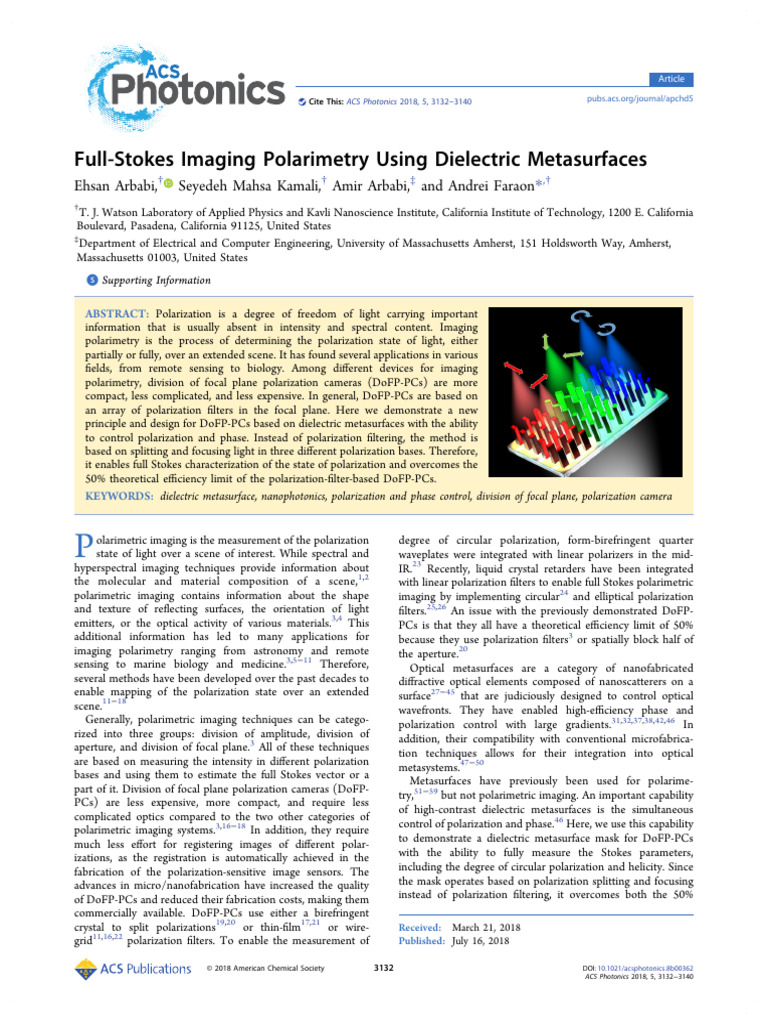 Arbabi Et Al 2018 Full Stokes Imaging Polarimetry Using Dielectric ...