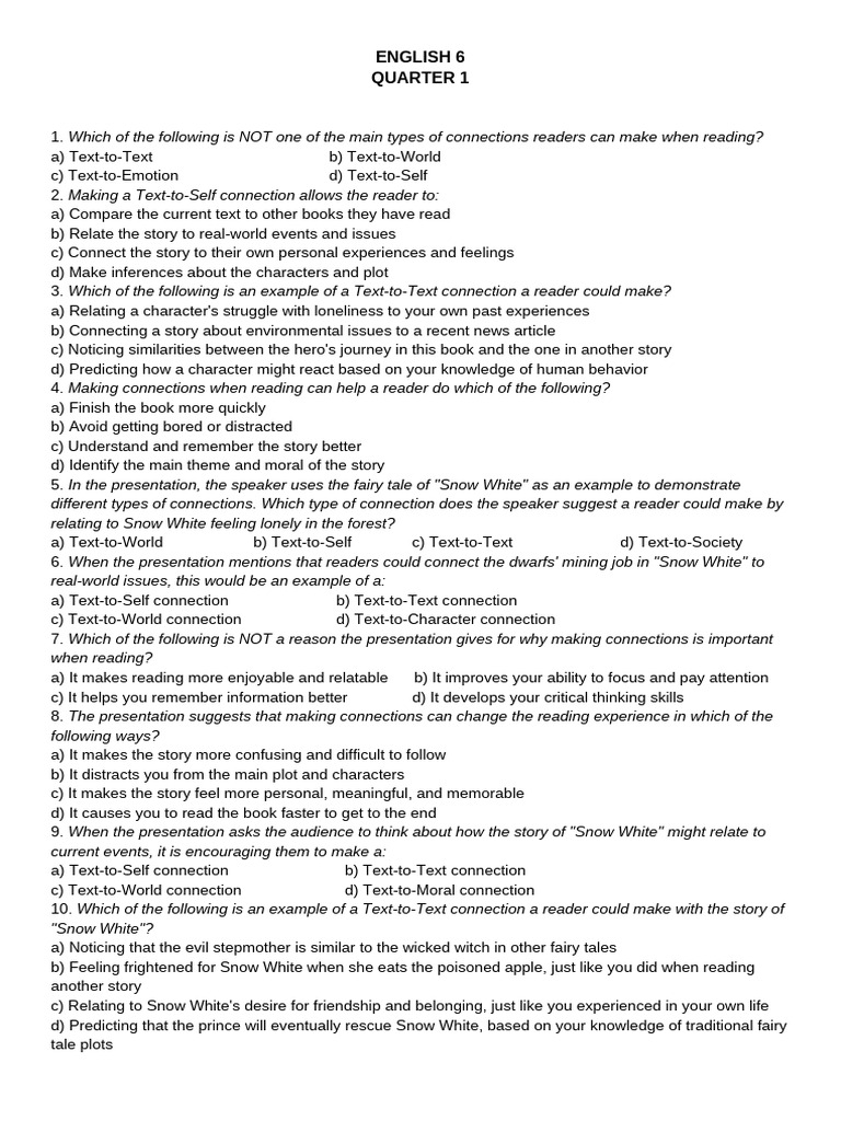 ENGLISH Quiz-MAKING CONNECTIONS | PDF | Snow White | Experience