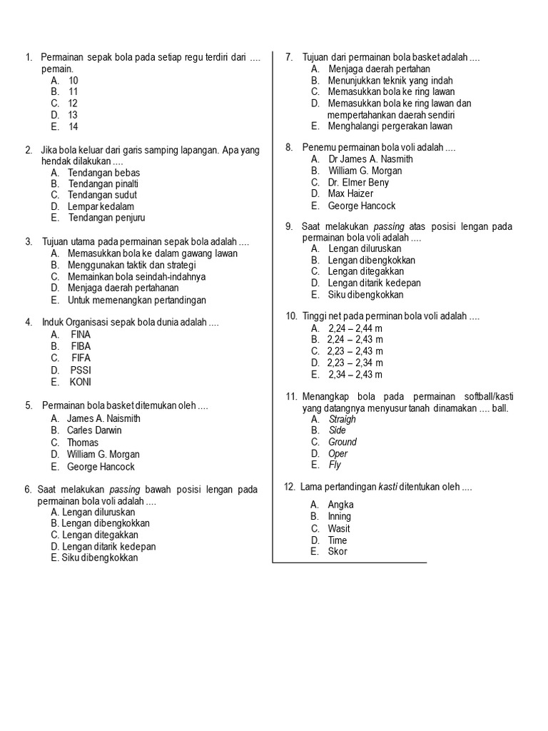 Soal PTS PJOK Kelas X RPL&TSM SMK MHC 2023 | PDF