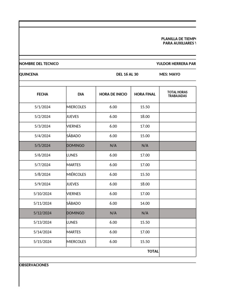 Planilla de Horas Extras 1 Al 15 Mayo | PDF