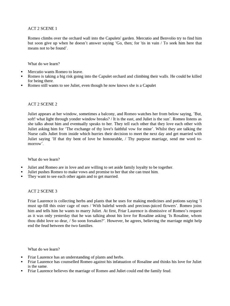 Act 2 Summary: Romeo and Juliet's Love | PDF | Characters In Romeo And ...