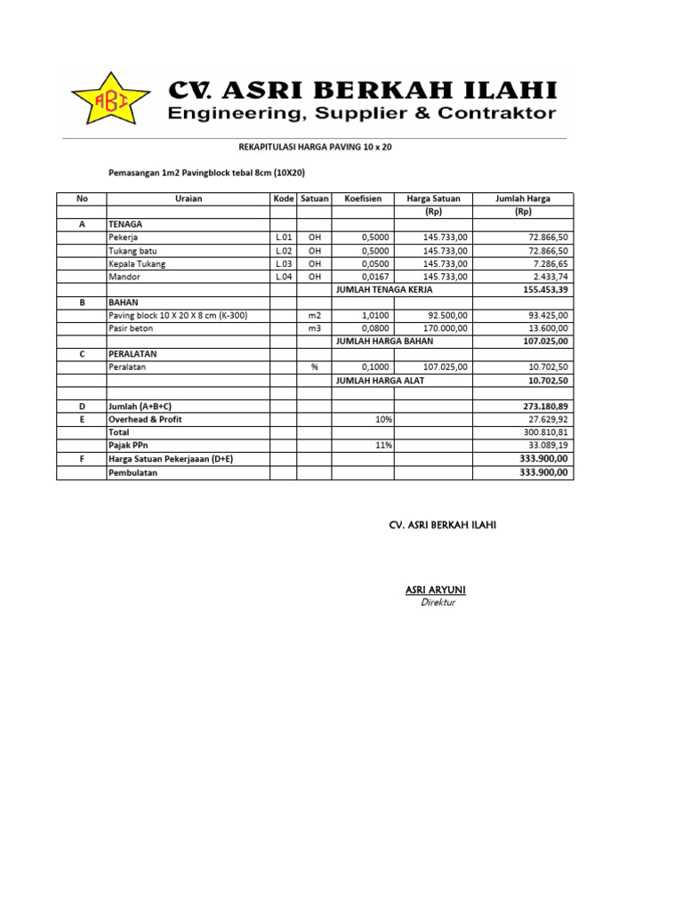 Analisa Harga Paving 10x20 Nego Cv. Asri | PDF