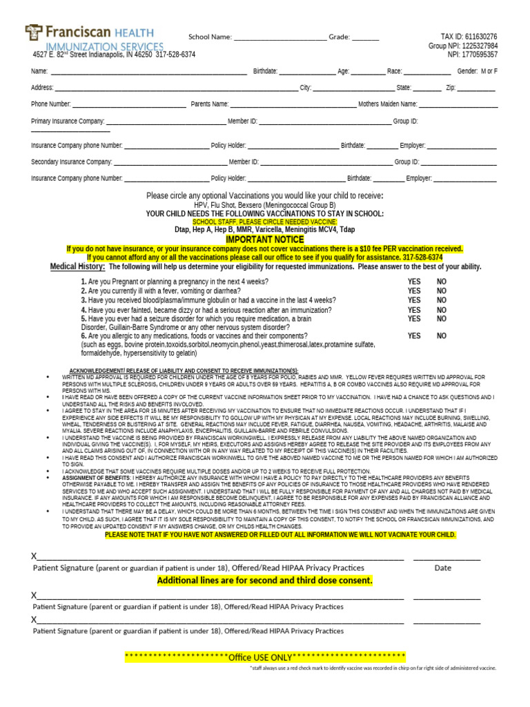Franciscan Immunization 2019 Form | PDF | Informed Consent | Pediatrics