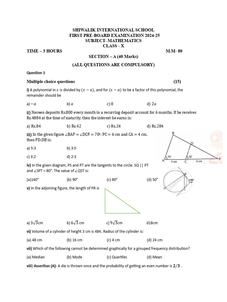 Class X Mathematics Pre-Board Exam 2024-25 | PDF | Line (Geometry) | Mean