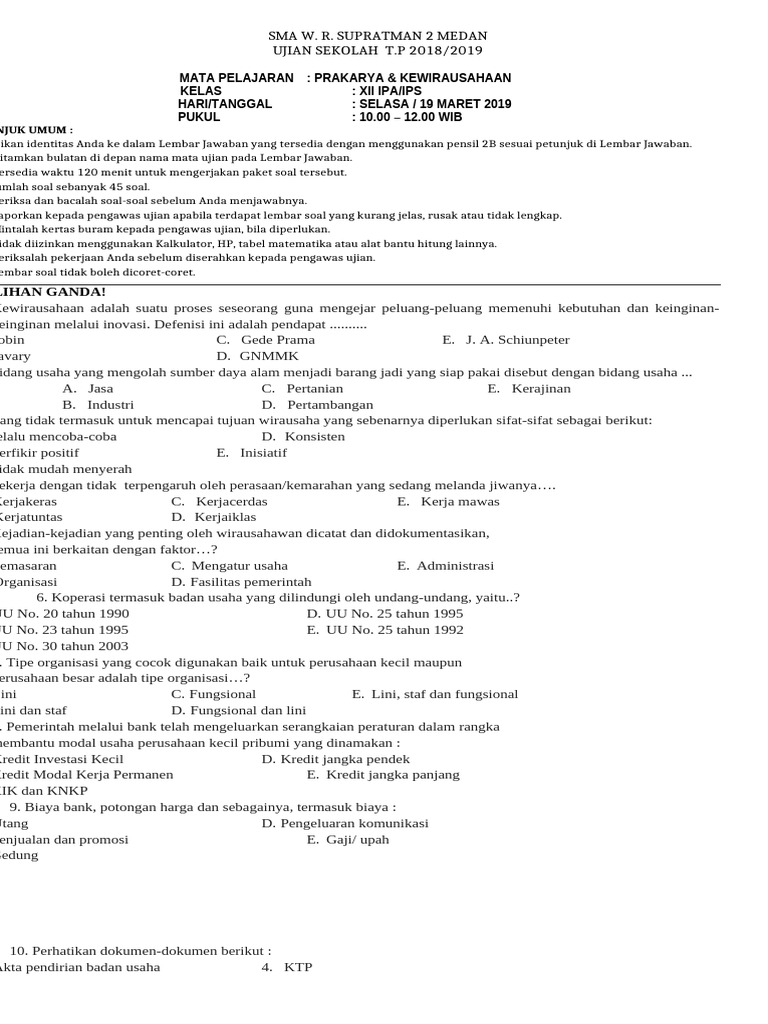 Ujian Prakarya & Kewirausahaan SMA 2019 | PDF