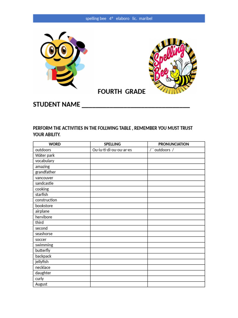Cuarto Grado Spelling Bee Lic Mariel | PDF