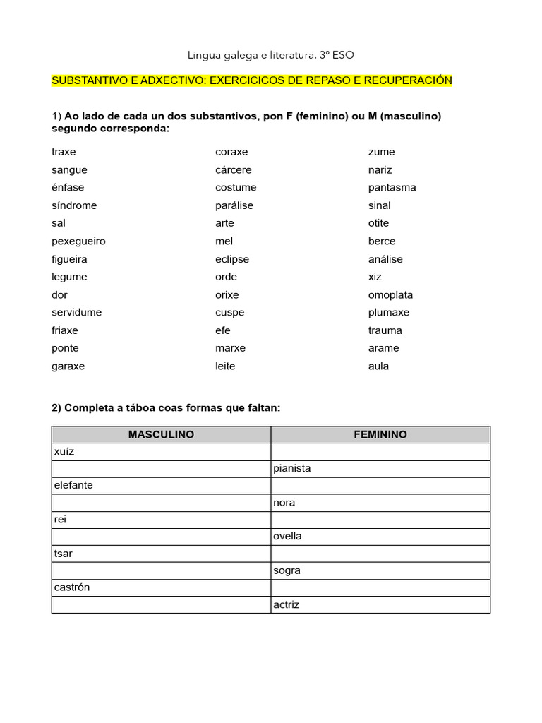 Substantivo e Adxectivo. Exercicios de Repaso e Recuperación (3 ESO) | PDF