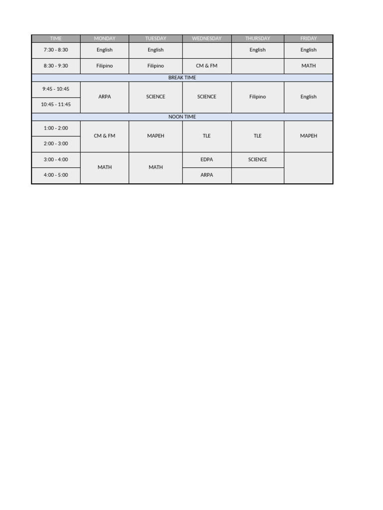 ZURIEL GRADE 10 SCHEDULE | PDF
