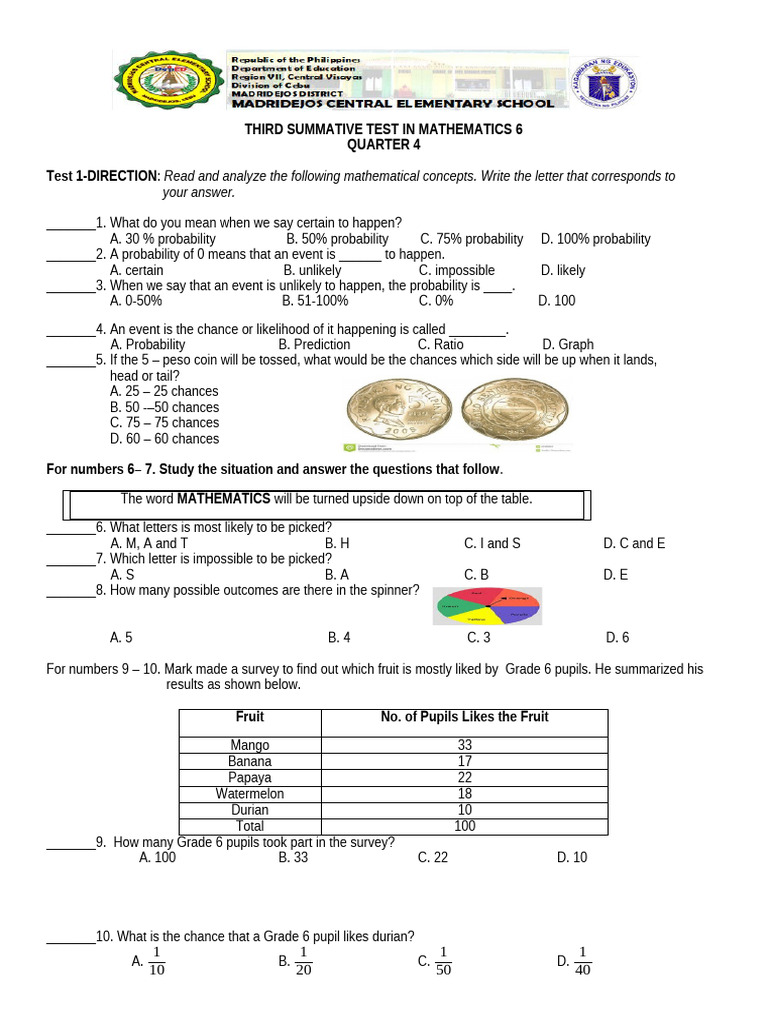 q4 Math 3rd Summative Test | PDF | Probability