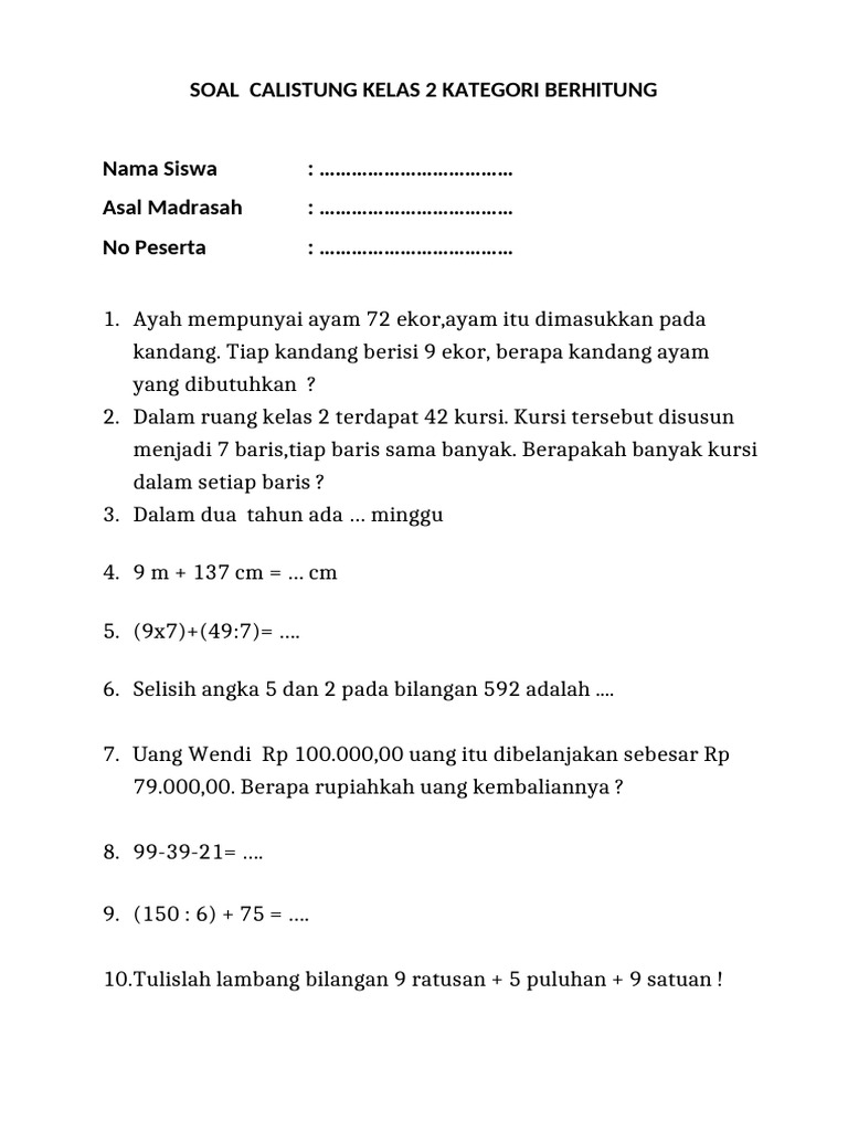 Soal Calistung Kelas 2 Tahap 1 | PDF
