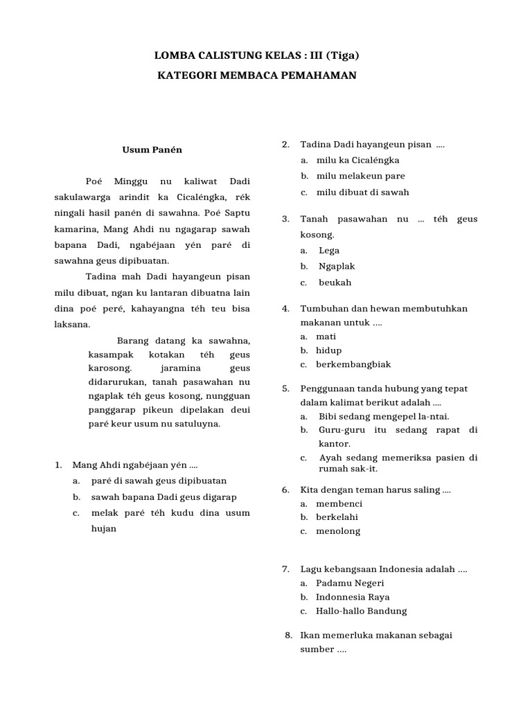 Soal Calistung Kelas 3 Tahap 2 | PDF