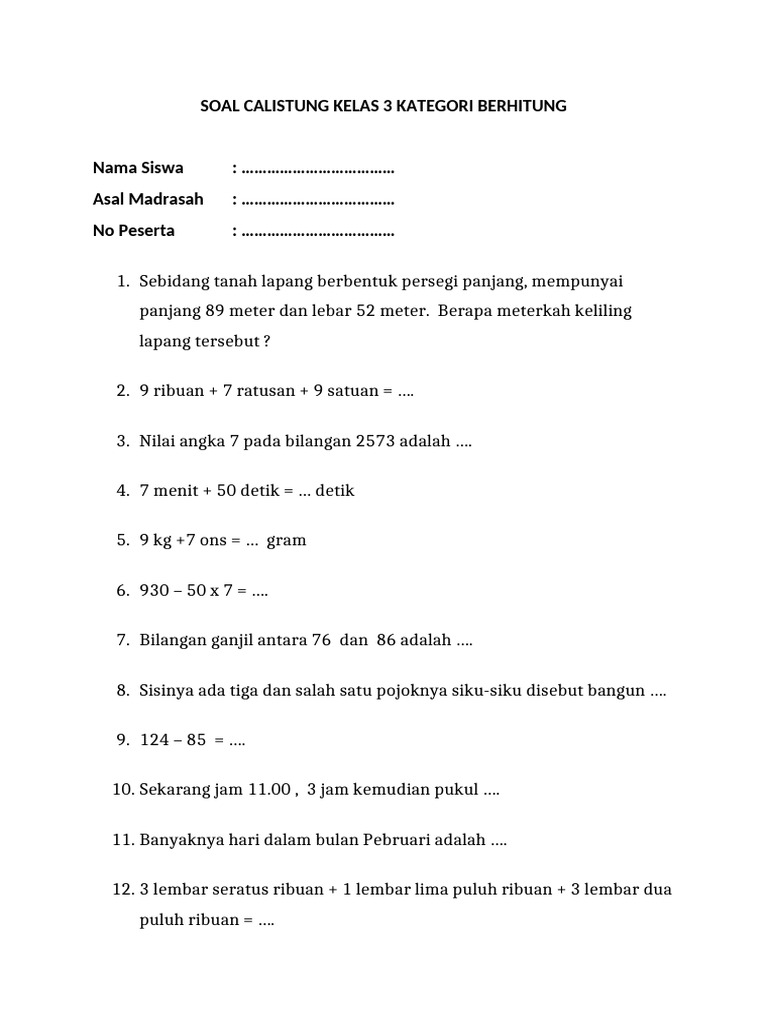 Soal Calistung Kelas 3 Tahap 1 | PDF