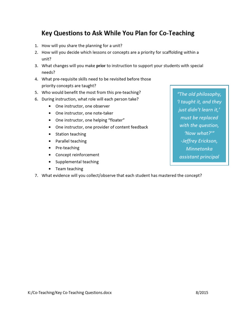 Key Questions To Consider When Co-Teaching | PDF | Teachers | Pedagogy