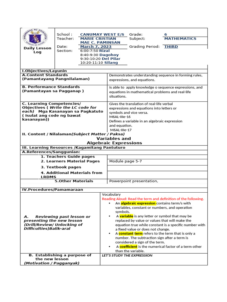 Q3week4-Day2-Variable and Expression | PDF | Variable (Mathematics ...