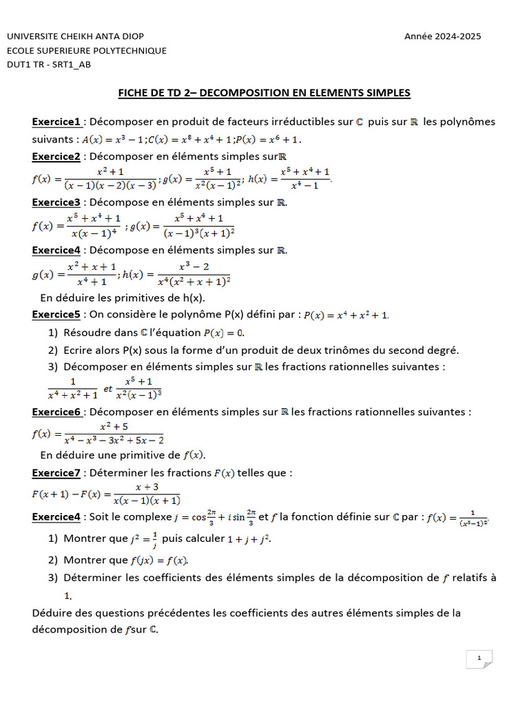 Décomposition en éléments simples TD2 | PDF