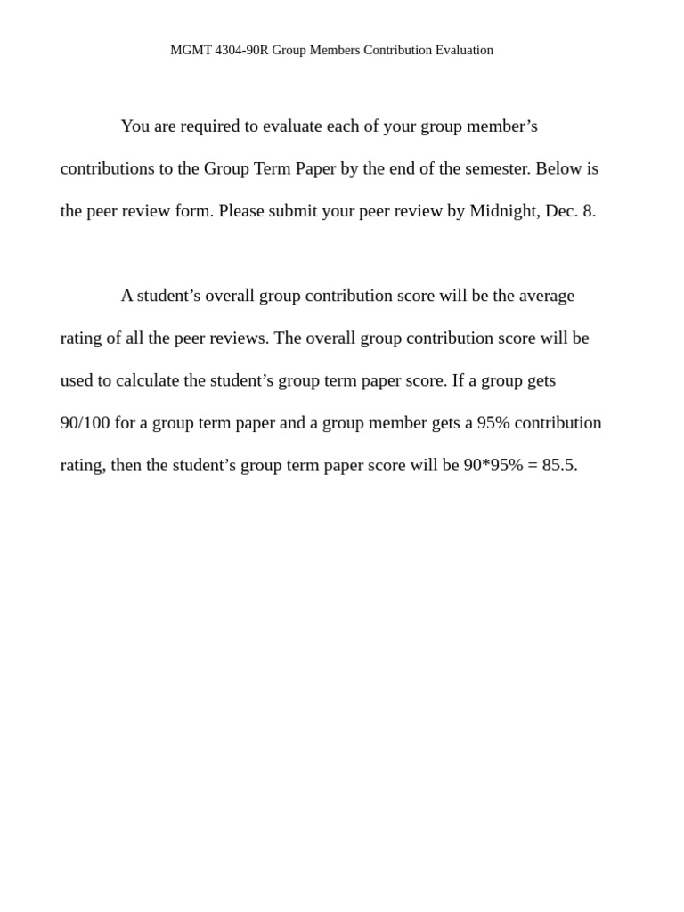 MGMT 4304-90R Group Members Contribution Evaluation | PDF