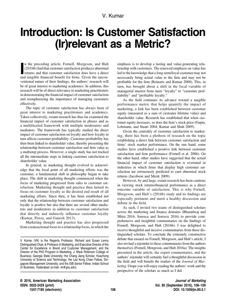 Introduction Is Customer Satisfaction (Ir) Relevant As A Metric (Kumar ...