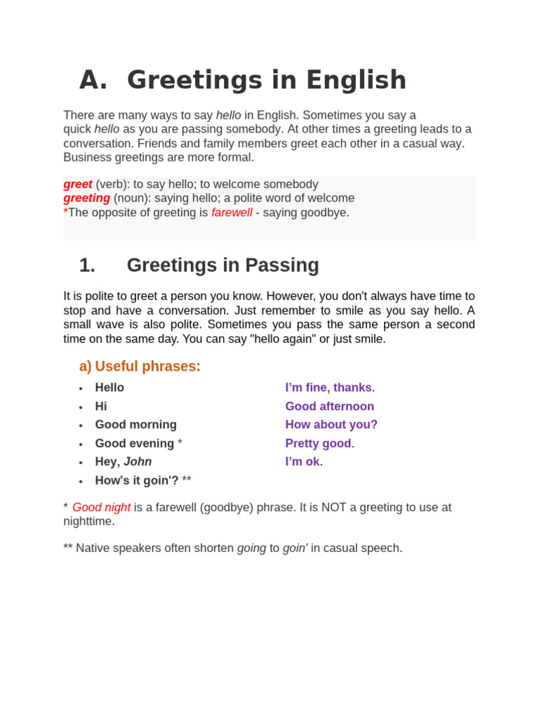 English Greetings and Farewells Guide | PDF | Linguistics