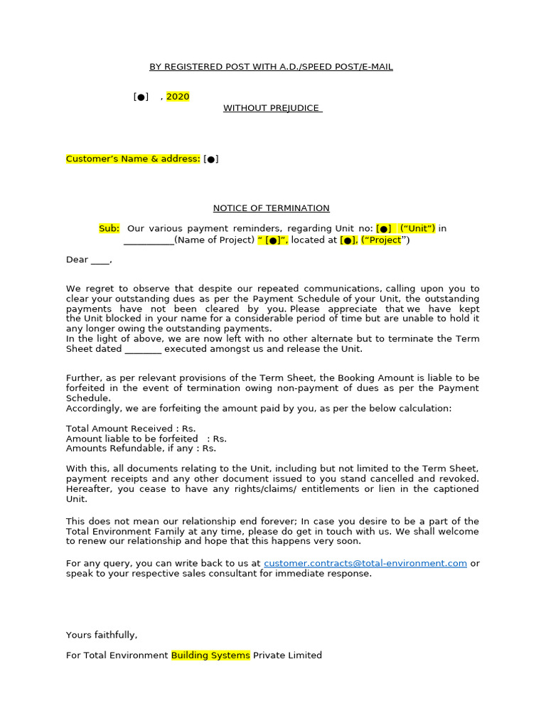 Intimation of Termination and Forfieture of Booking Amount 070621 | PDF