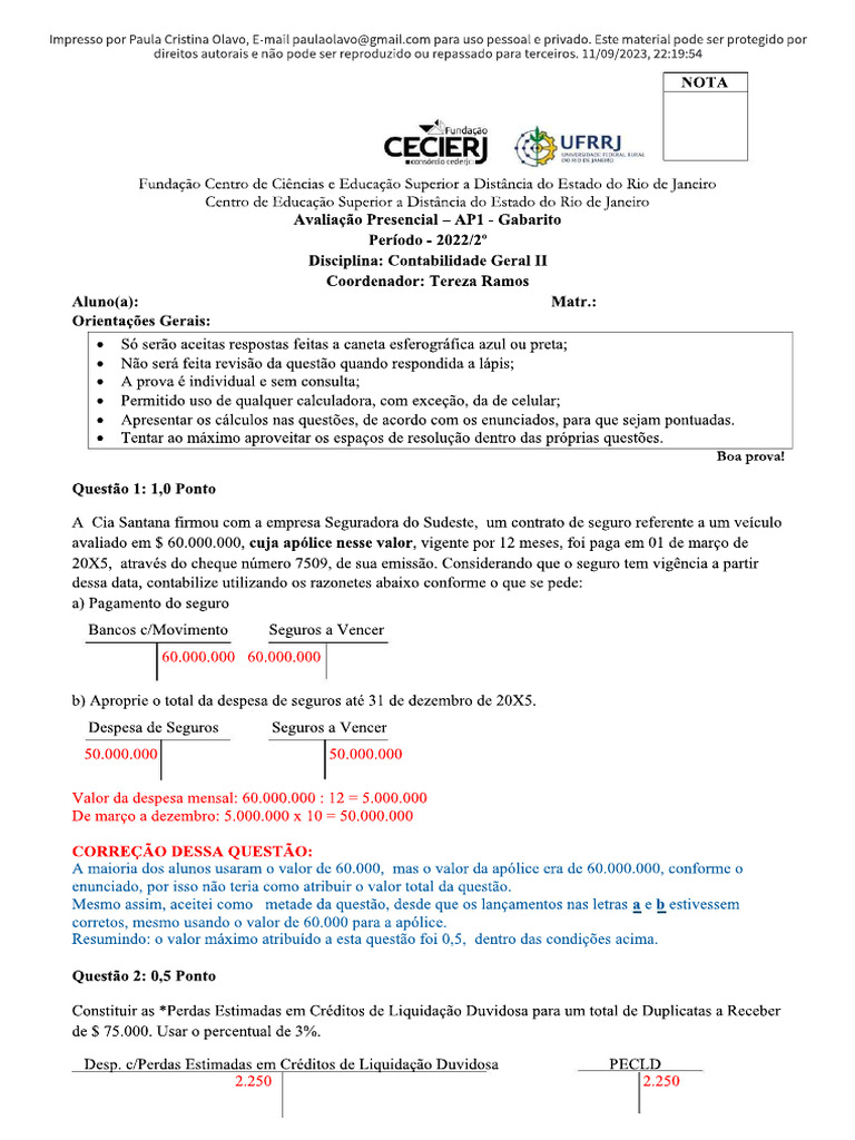 Ap1 Contabilidade Geral II 2022 | PDF