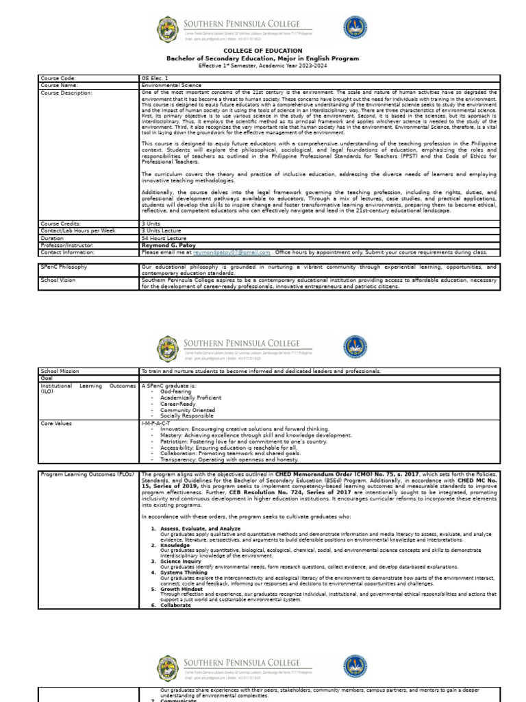 Obe Course Syllabus Environmental Science Bsed English (1) | PDF ...