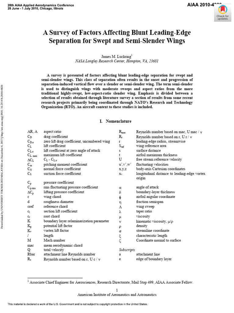 5-Factors Affecting Blunt-Edge Delta Wing Flow Separation | PDF | Lift ...