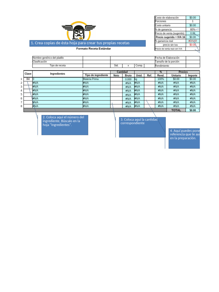 Formato de Costeo Menus V2 2 | PDF | Pancho | Cocina