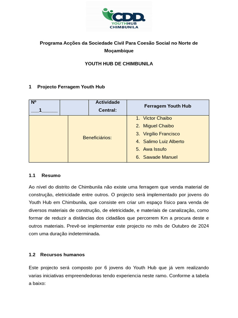 Projeto Ferragem Youth Hub Chimbunila | PDF