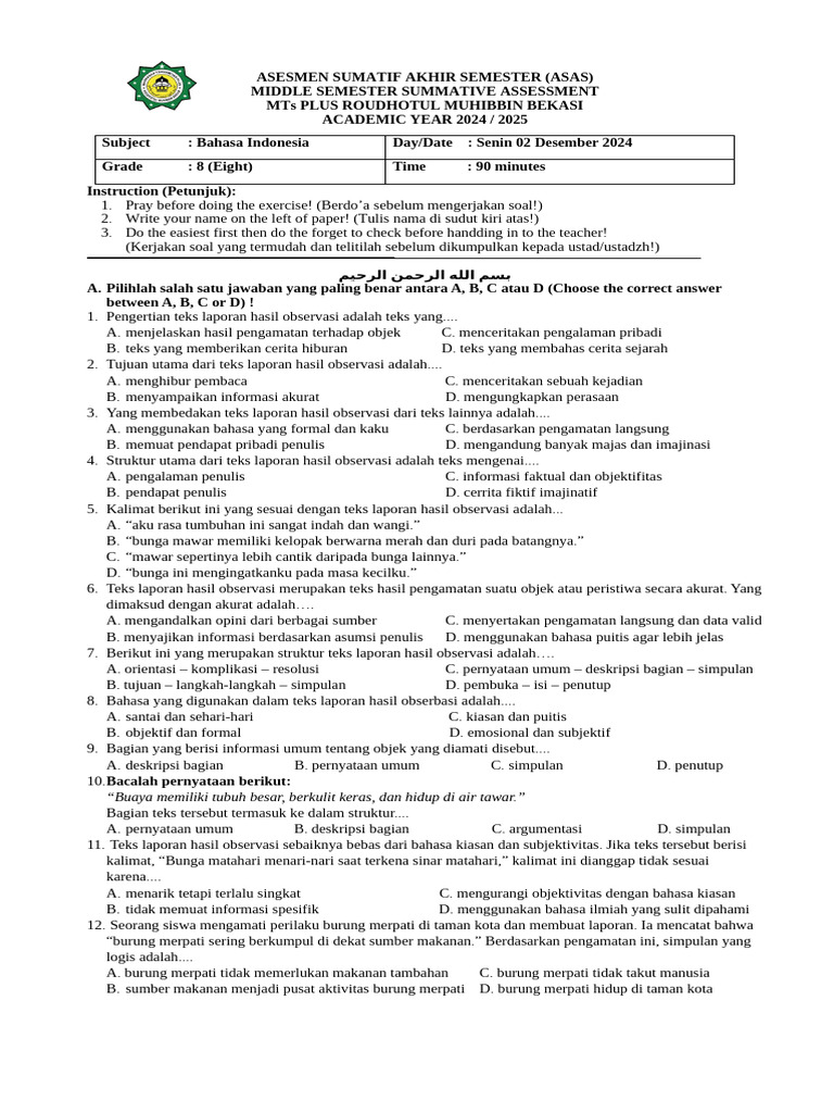 Soal Asas Kelas 8 | PDF