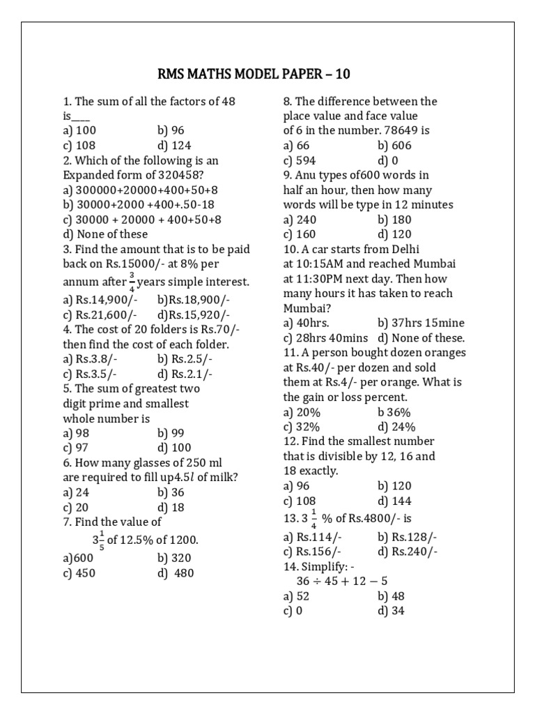 RMS Maths Model Paper - Class 10 | PDF | Division (Mathematics ...