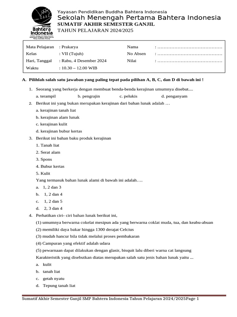 Soal Pas Prakarya Kelas 7 (Sem 1) | PDF