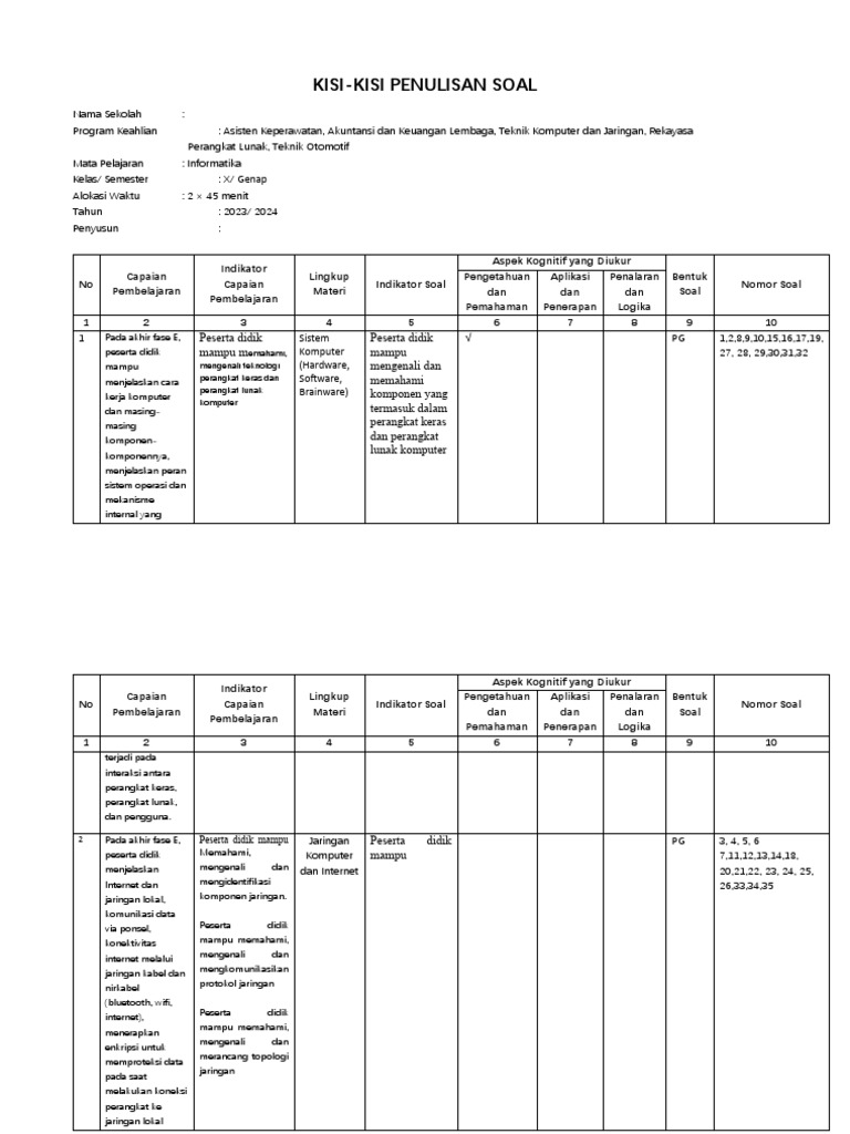 KISI-KISI PENULISAN SOA PSAS Genap 2024 Sampe 35 | PDF