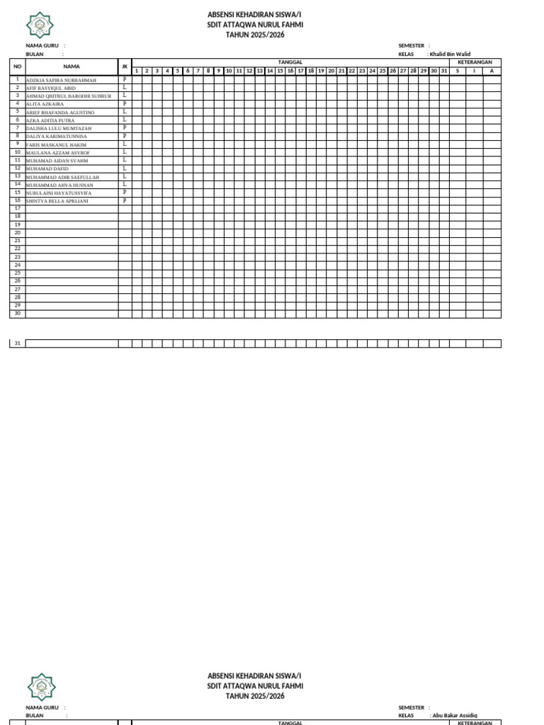 Absen Siswa Tahun 2025 - 2026 | PDF