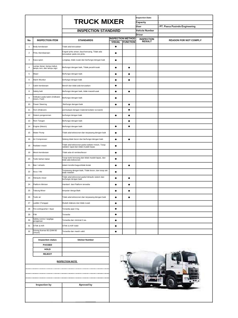 Checklist Inspeksi Truk Mixer Beton | PDF