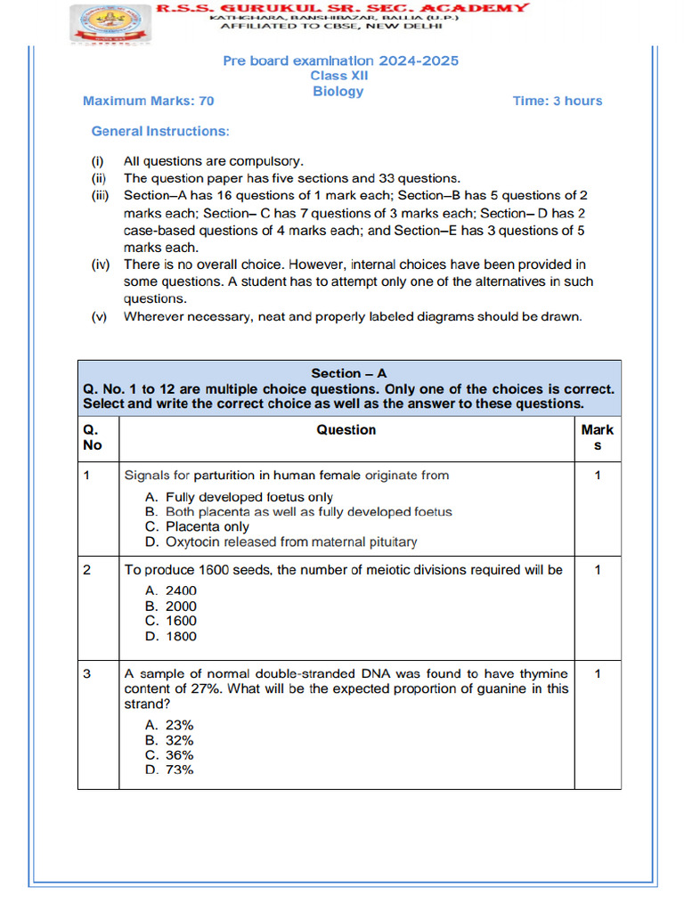 Biology Pre Board | PDF