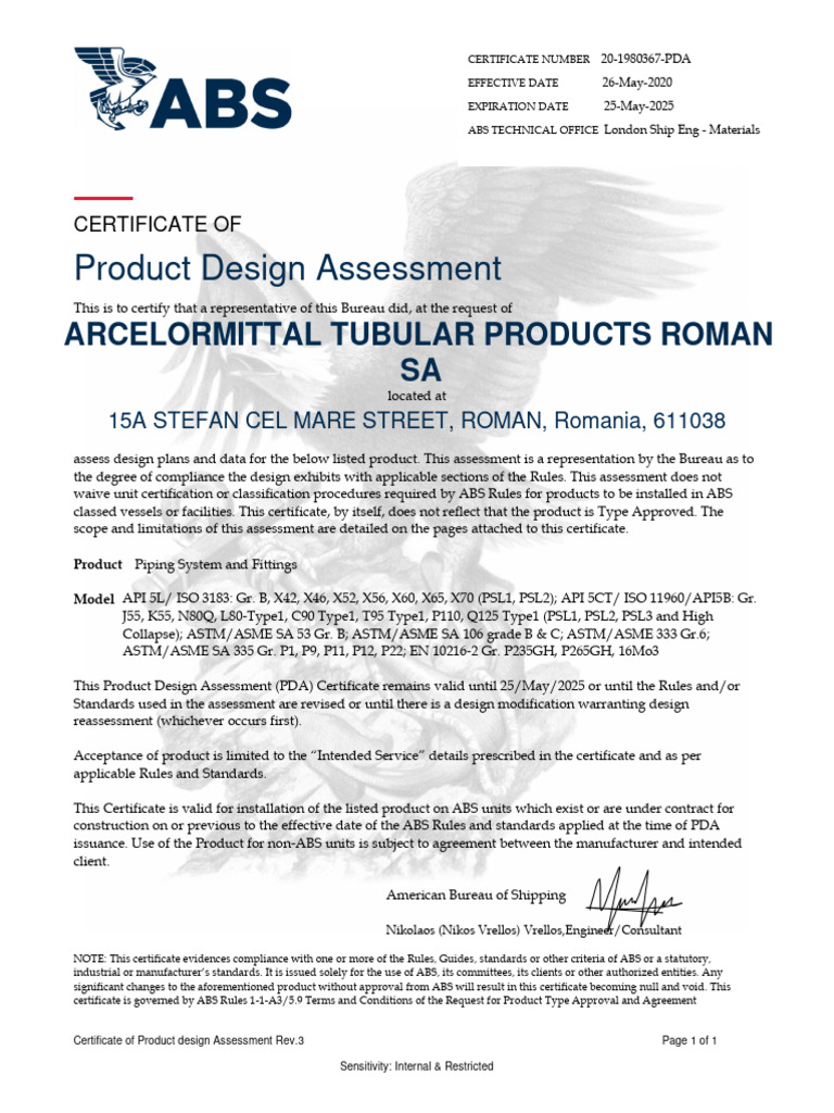ABS Product Design Assessment Certificate | PDF | Pipe (Fluid Conveyance)